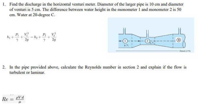 Solved 1. Find the discharge in the horizontal venturi | Chegg.com