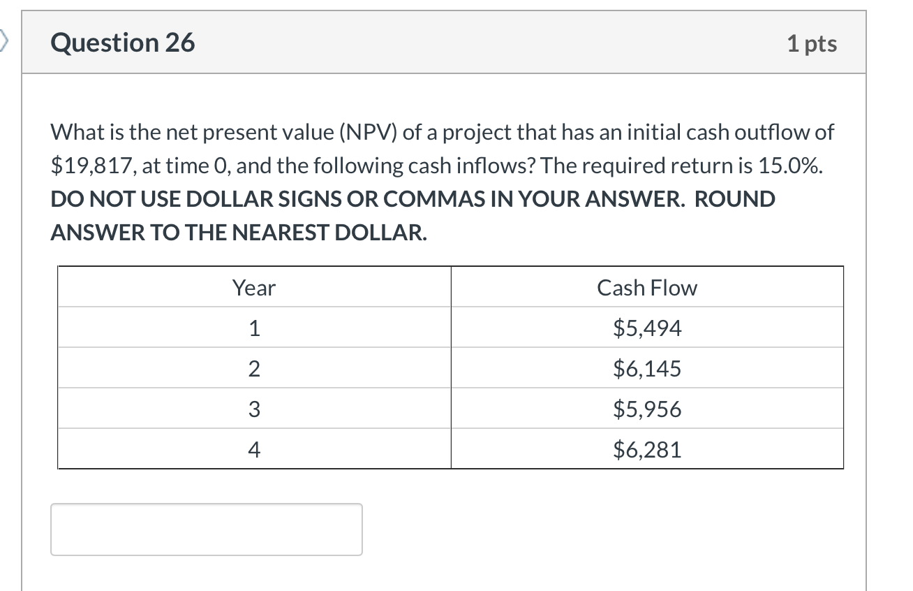 Solved Question 26 1 pts What is the net present value (NPV) | Chegg.com