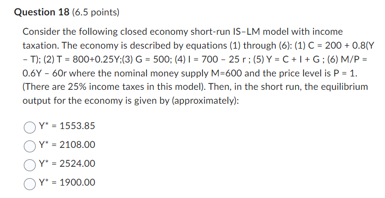 Solved Consider the following closed economy short-run IS-LM | Chegg.com