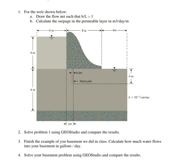 Solved 1. For the weir shown below a. Draw the flow net such | Chegg.com