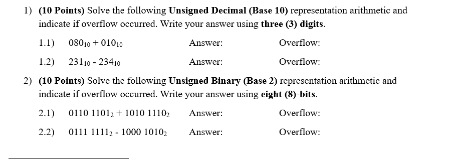 Solved 1) (10 Points) Solve the following Unsigned Decimal | Chegg.com