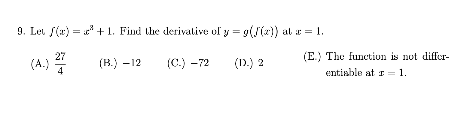 Solved 9. Let f(x)=x3+1. Find the derivative of y=g(f(x)) at | Chegg.com