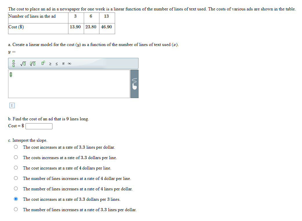 Solved a. Create a linear model for the cost (y) as a | Chegg.com