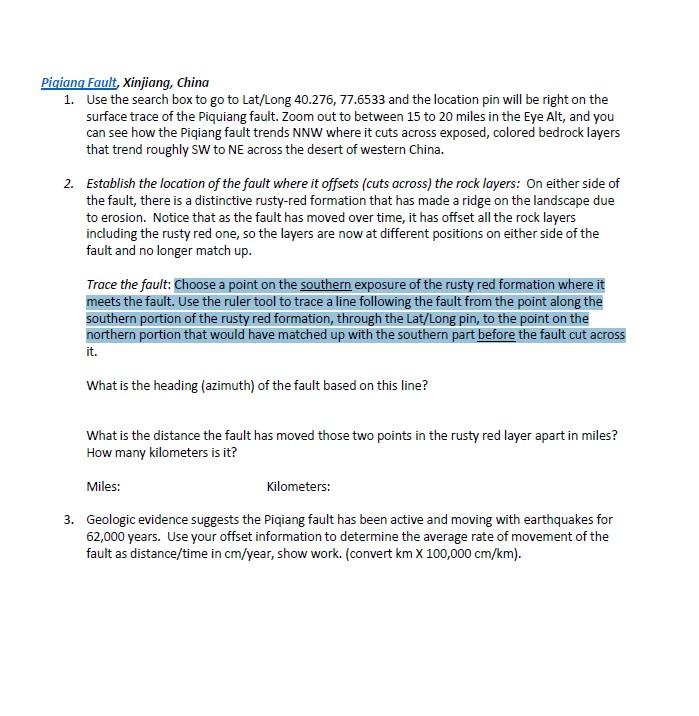 Solved Pigiang Fault, Xinjiang, China 1. Use the search box | Chegg.com