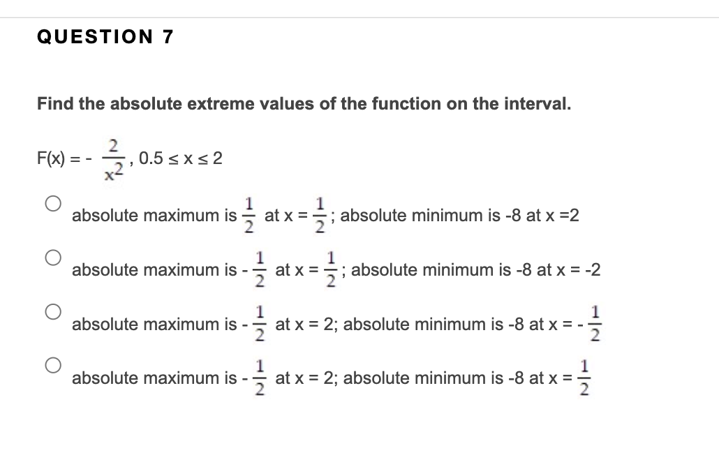Solved Find the absolute extreme values of the function on | Chegg.com