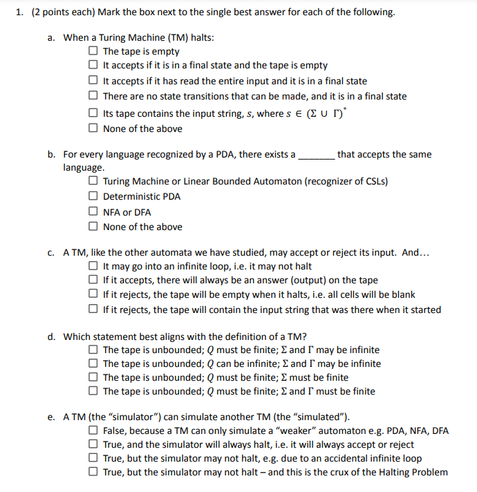 Solved 1. ﻿Mark the box next to the single best answer for | Chegg.com