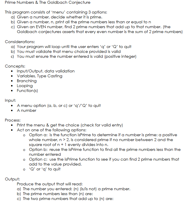 Solved Prime Numbers & The Goldbach Conjecture This program | Chegg.com