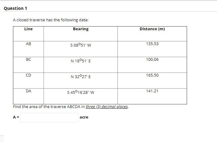 Solved Question 1 A closed traverse has the following data: | Chegg.com