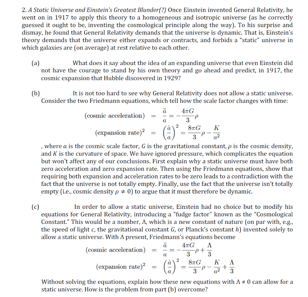 2. A Static Universe and Einstein's Greatest | Chegg.com