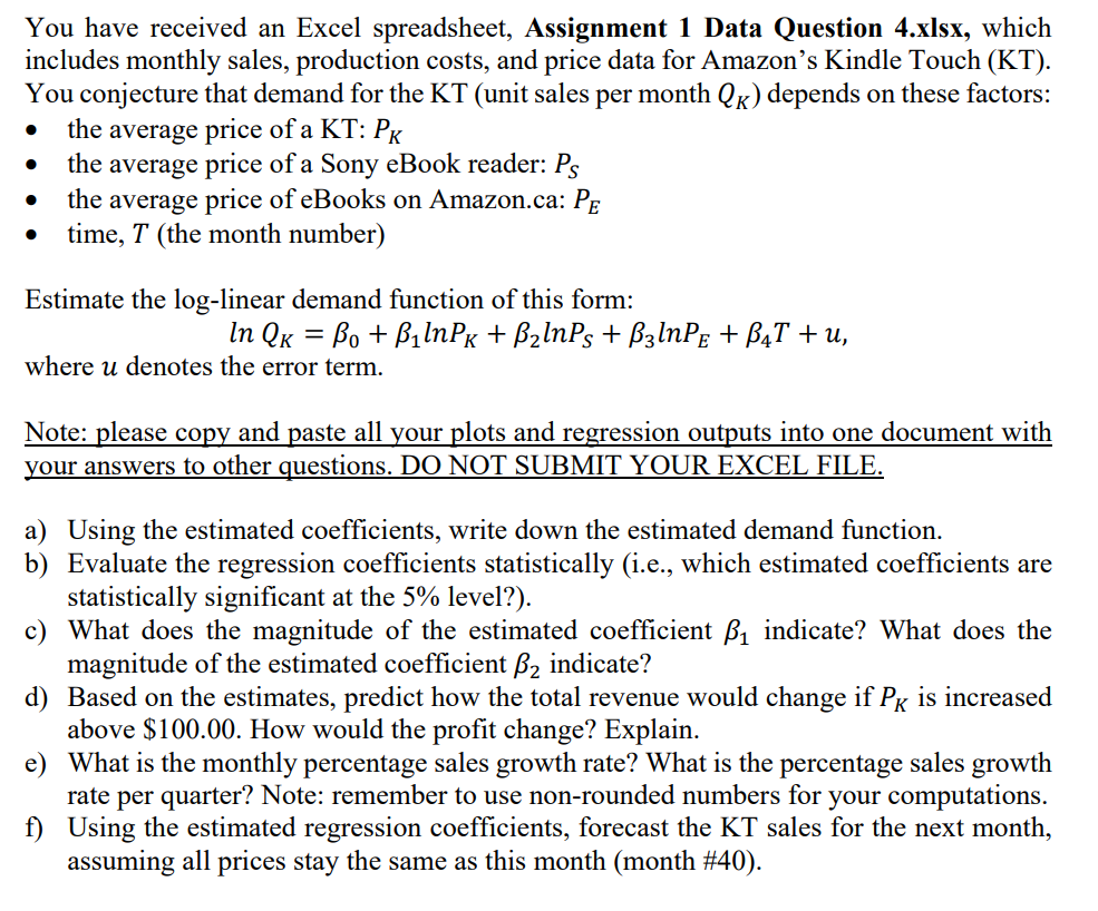 Solved You have received an Excel spreadsheet, Assignment 1 | Chegg.com