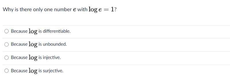 Solved Why is there only one number e with log e = 1? | Chegg.com