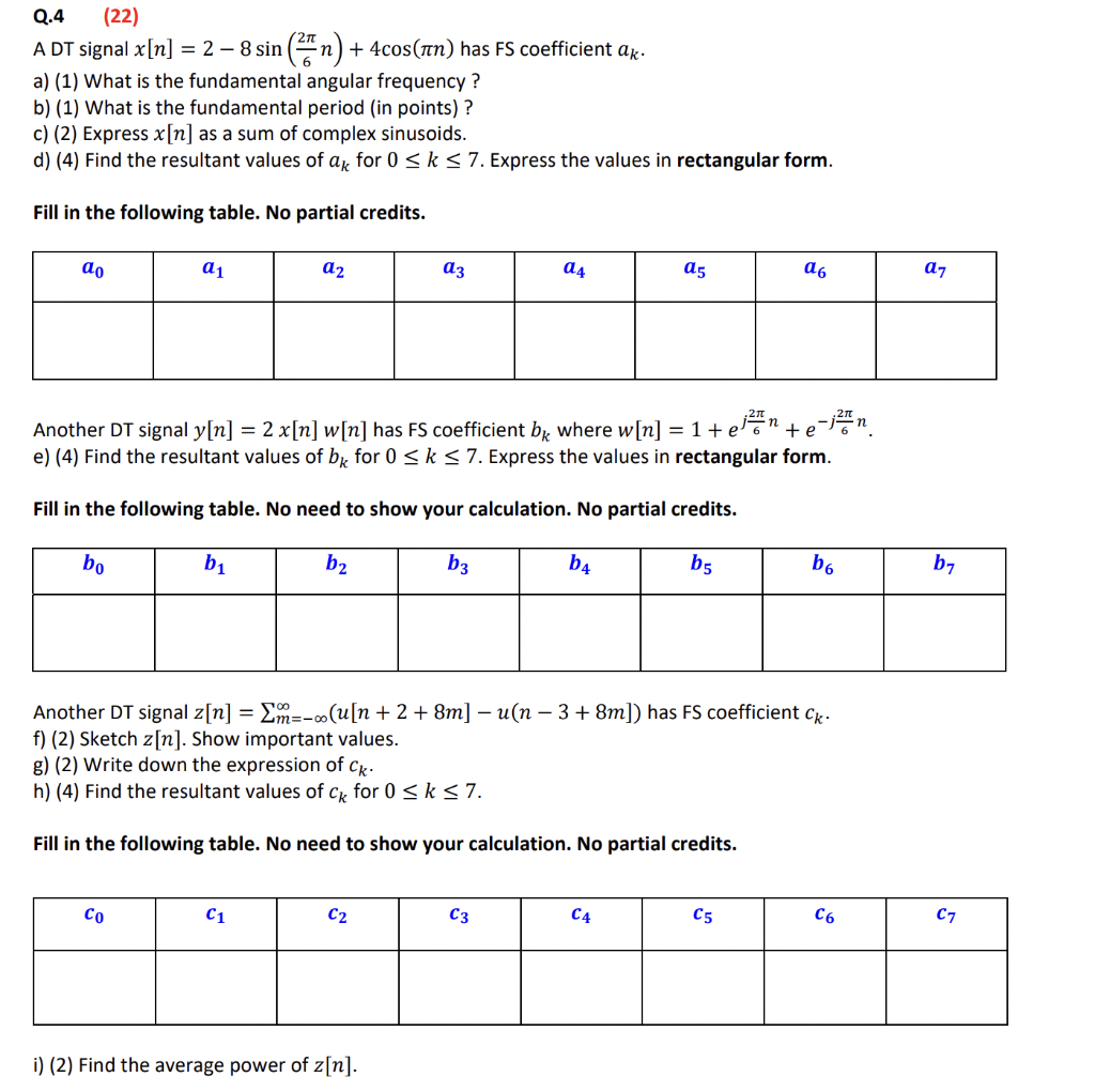 Solved A DT signal x[n]=2−8sin(62πn)+4cos(πn) has FS | Chegg.com