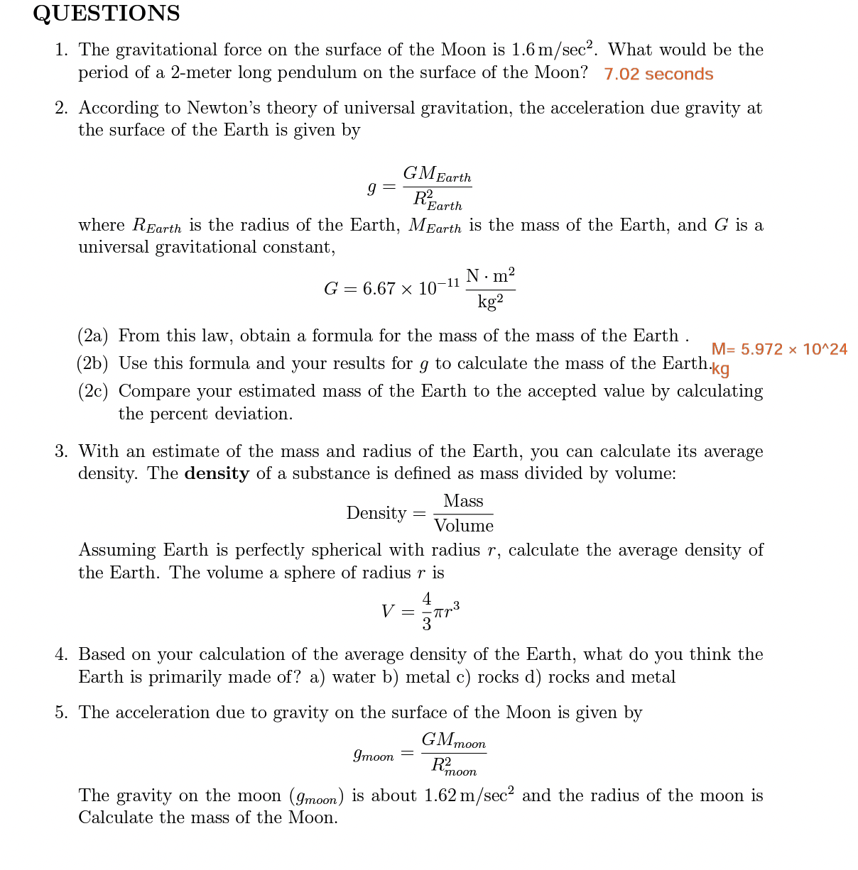 Solved QUESTIONS 1. The gravitational force on the surface | Chegg.com