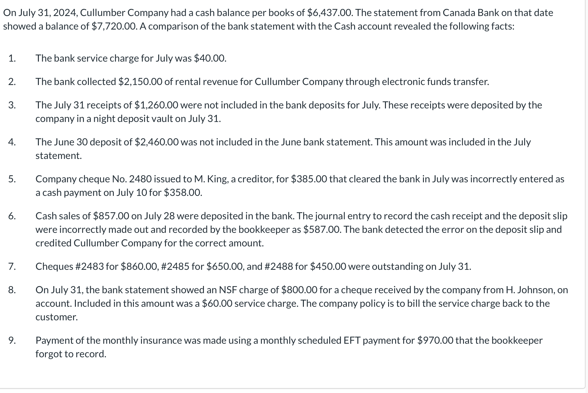 Solved Adjusted cash balance per bank Bank service charge | Chegg.com