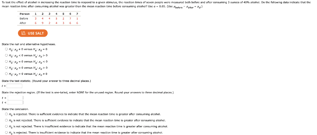 Solved mean reaction time after consuming aleohol was | Chegg.com