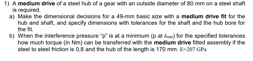 Solved 1) A medium drive of a steel hub of a gear with an | Chegg.com