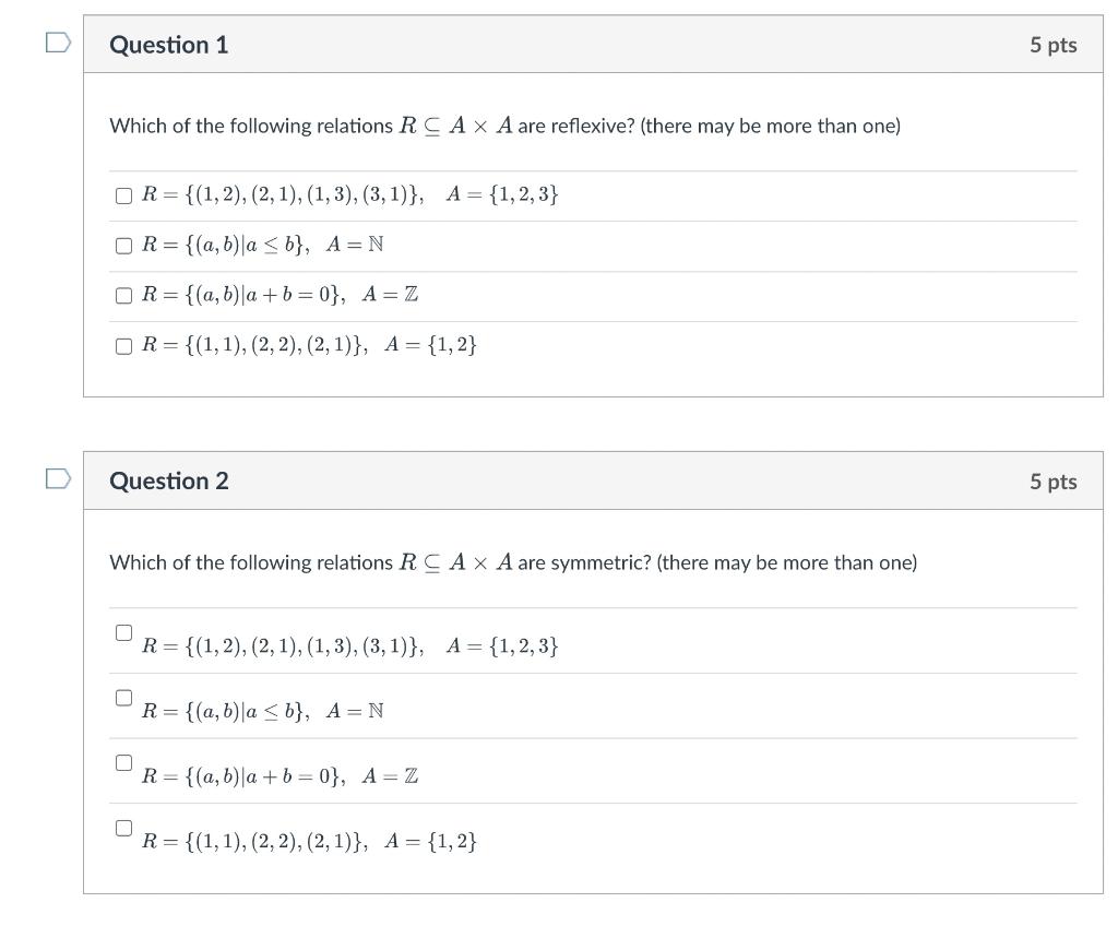 Solved Which of the following relations R⊆A×A are reflexive? | Chegg.com