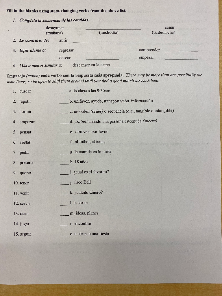 Práctica con los verbos "stem changing" SPAN 1 C. | Chegg.com