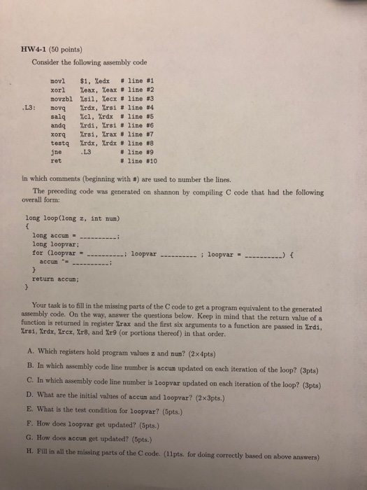 Solved HW4-1 (50 points) Consider the following assembly | Chegg.com