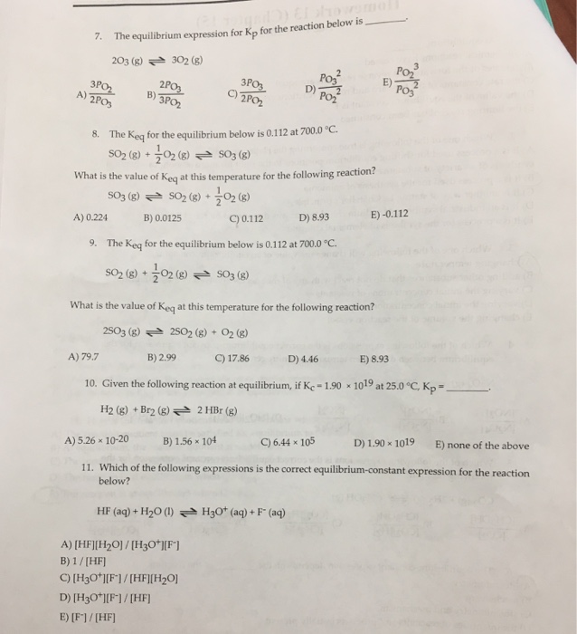 Solved The equilibrium expression for Kp for the reaction | Chegg.com