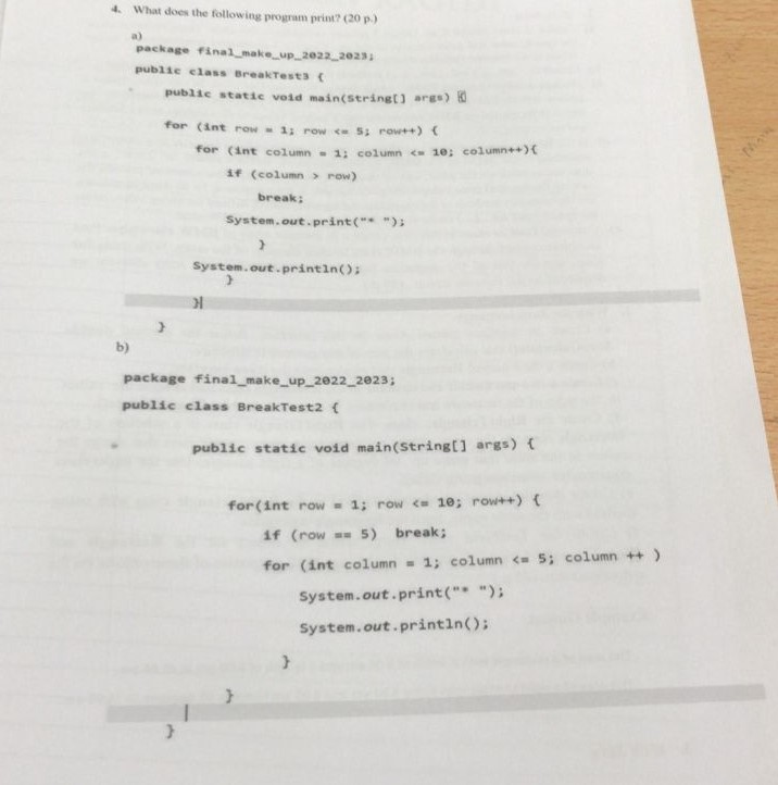 Solved 4. What does the following program prin? (20 p.) a) | Chegg.com