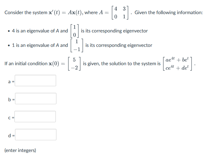 Solved Consider the system x′(t)=Ax(t), where A=[4031]. | Chegg.com