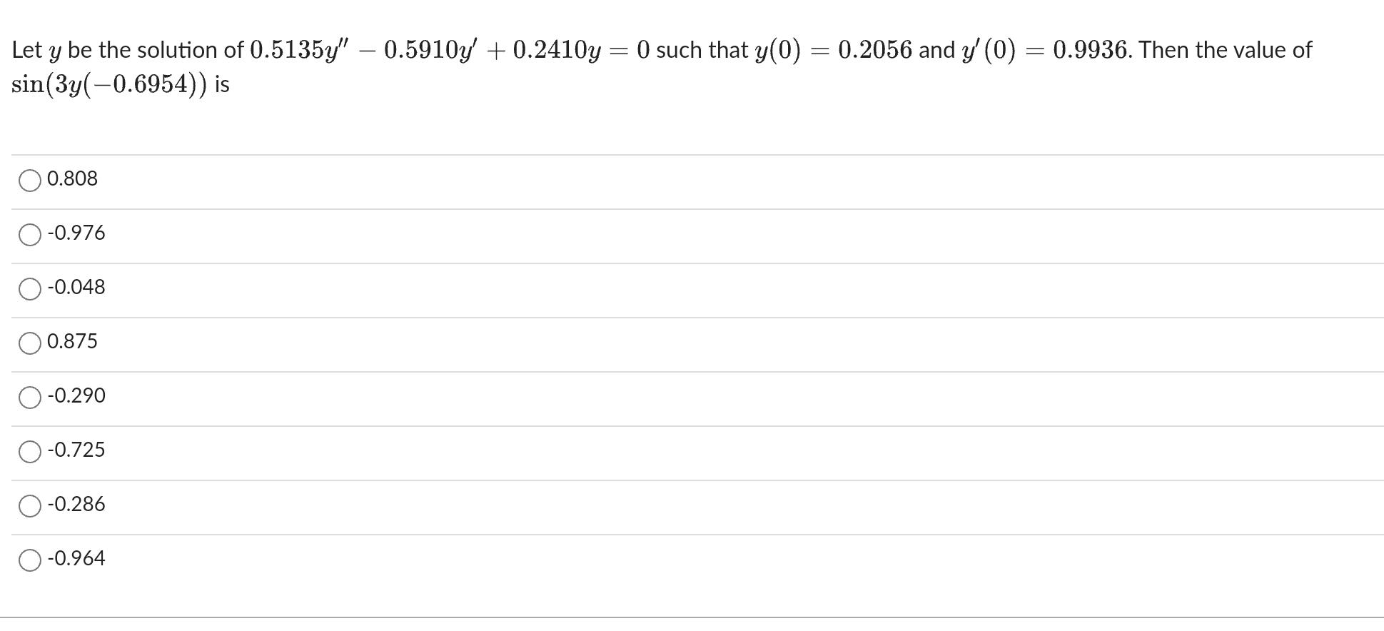 Solved Let y be the solution of 0.5135y′′−0.5910y′+0.2410y=0 | Chegg.com Solved Let y be the solution of 0.5135y′′−0.5910y′+0.2410y=0 | Chegg.com