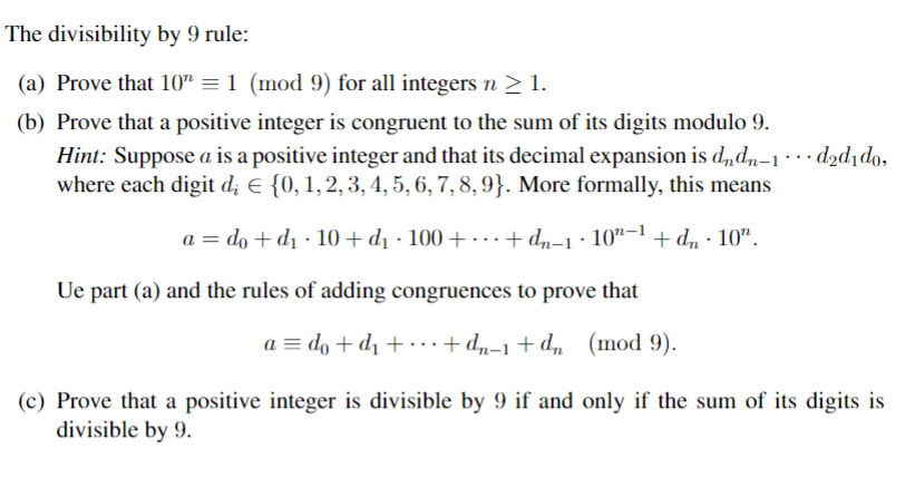 Solved The divisibility by 9 rule: (a) Prove that | Chegg.com