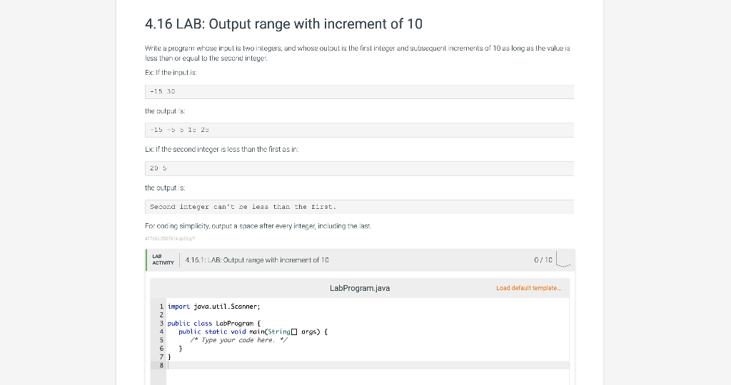 Solved 4.16 LAB: Output range with increment of 10 Write a | Chegg.com