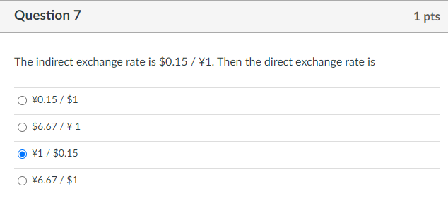 Solved The indirect exchange rate is $0.15 / ¥1. Then the | Chegg.com