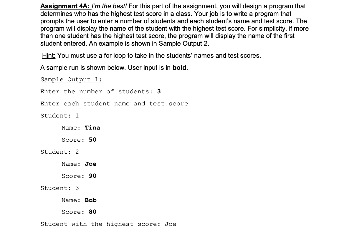Solved code in java please!! Assignment 4A: I’m the best! | Chegg.com