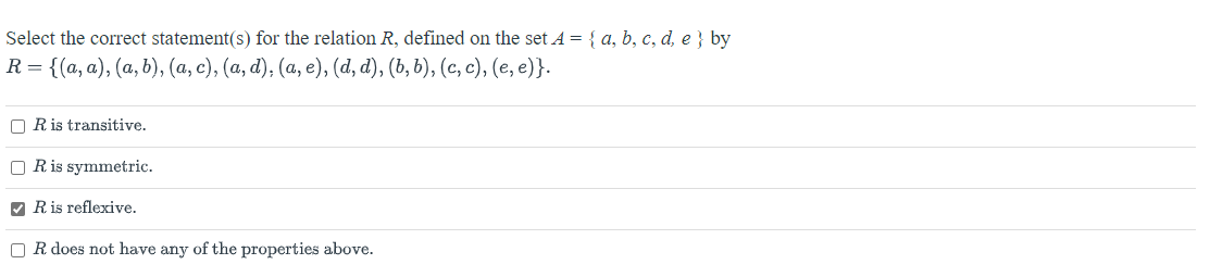Solved Select the correct statement(s) for the relation R, | Chegg.com