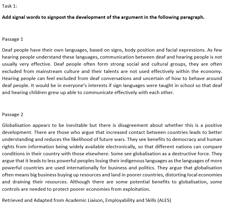Solved Task 1: Add signal words to signpost the development | Chegg.com