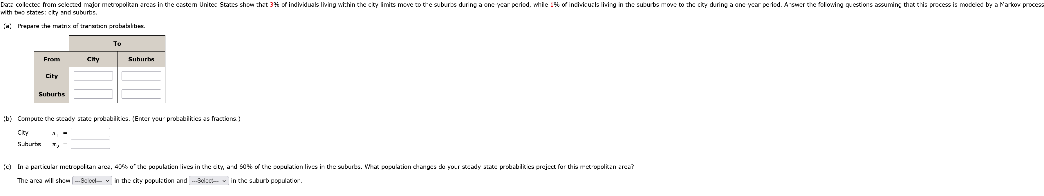 Solved with two states: city and suburbs. (a) Prepare the | Chegg.com