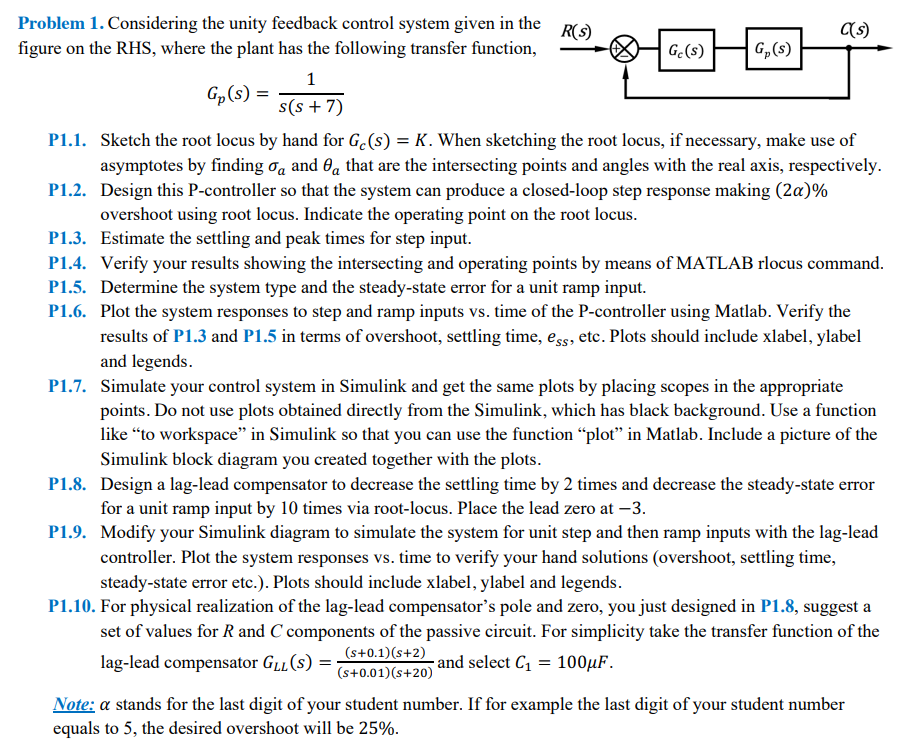 Solved Problem 1. Considering the unity feedback control | Chegg.com