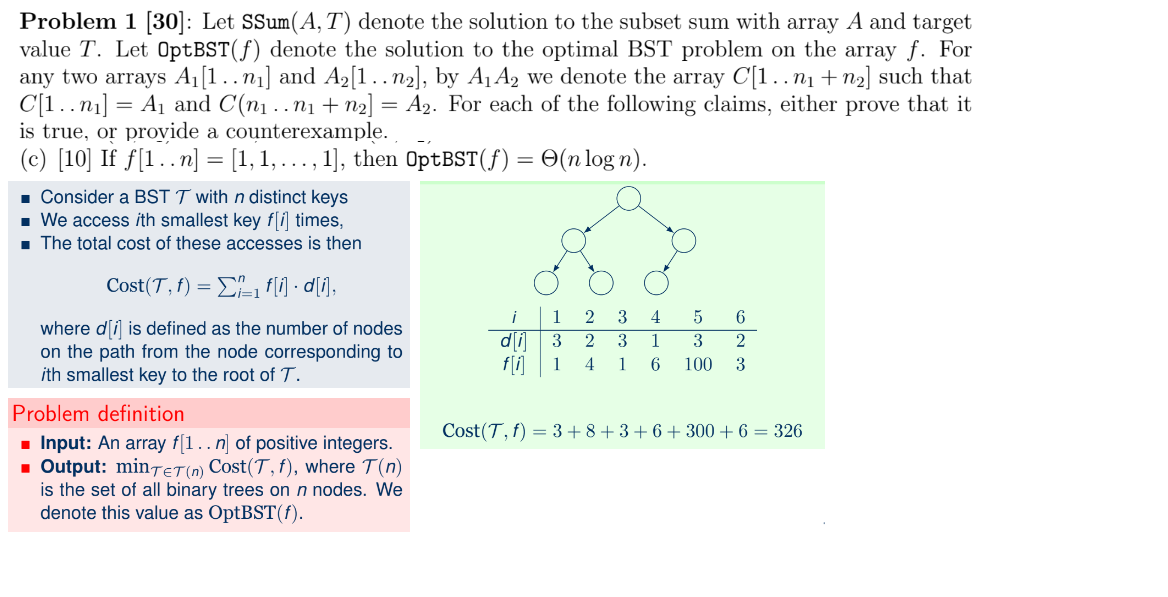 Solved Problem 1[30] : Let SSum(A,T) denote the solution to | Chegg.com