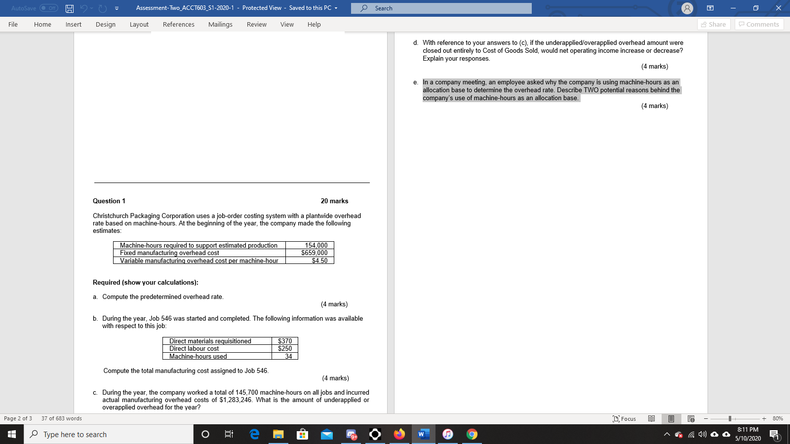 Solved AutoSave Of H b A ssessment-Two_ACCT603_51-2020-1 - | Chegg.com