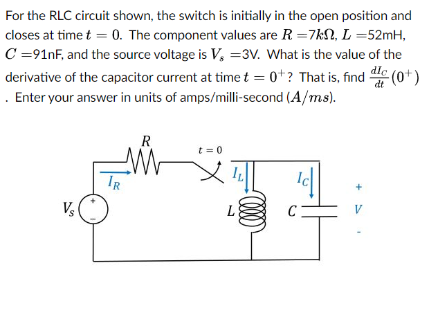 Solved For the RLC circuit shown, the component values are | Chegg.com