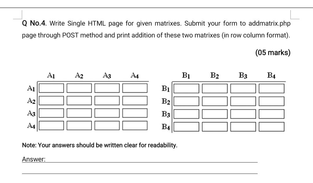 Solved Q No.4. Write Single HTML page for given matrixes. | Chegg.com