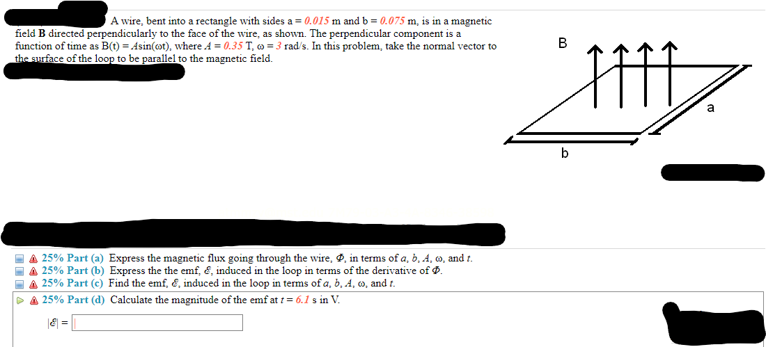 Solved A wire, bent into a rectangle with sides a=0.015m | Chegg.com