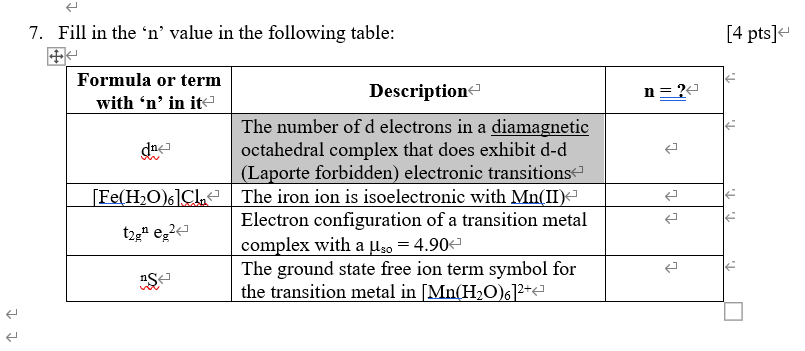 Solved 7. Fill in the 'n' value in the following table: [4 | Chegg.com