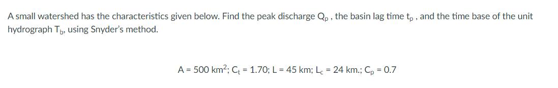 Solved A small watershed has the characteristics given | Chegg.com