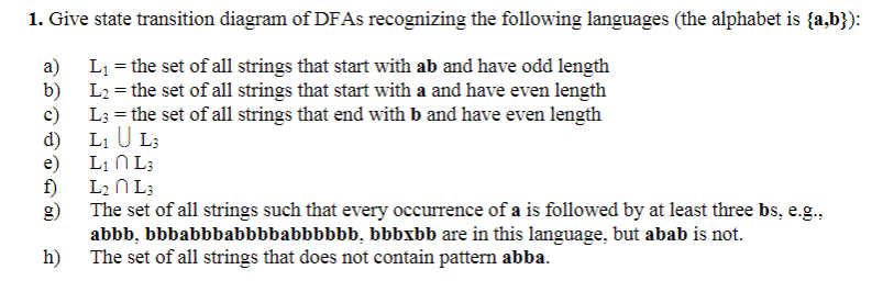 Solved 1. Give state transition diagram of DFAs recognizing | Chegg.com