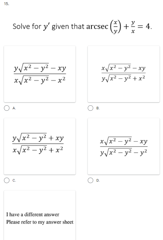 Solved 15. Solve for y' given that arcsec (3) + = 4. + yvx2 | Chegg.com