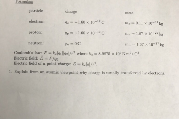 Solved Formulas: particle charge mass electron: qe = 1.60 | Chegg.com