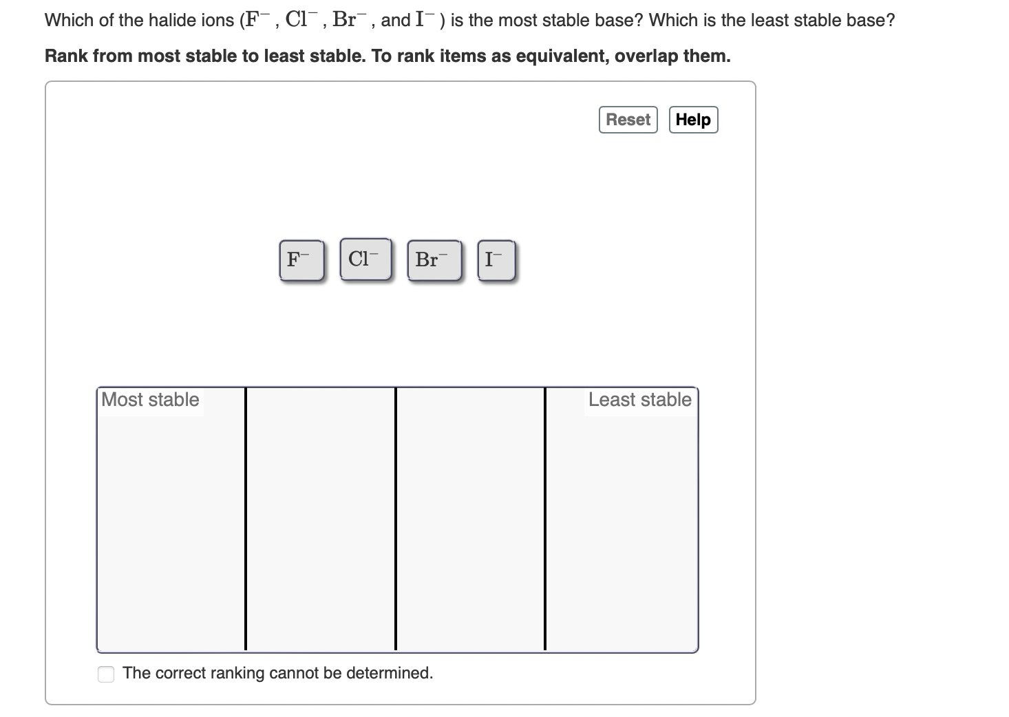 Solved Which of the halide ions is the most stable base? | Chegg.com