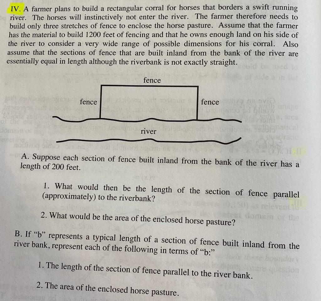 Solved IV. A farmer plans to build a rectangular corral for | Chegg.com