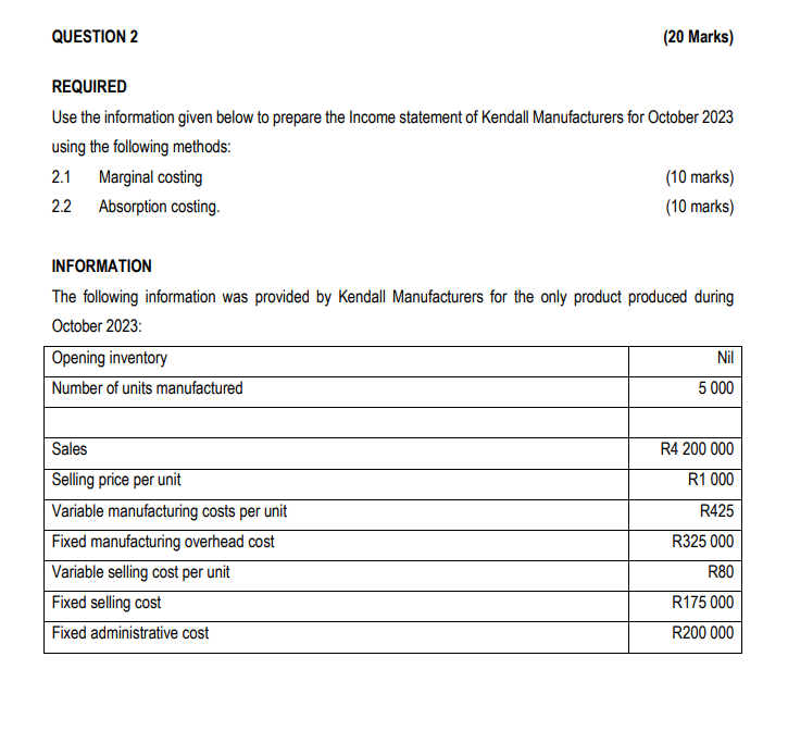 Solved QUESTION 2(20 ﻿Marks)REQUIREDUse the information | Chegg.com
