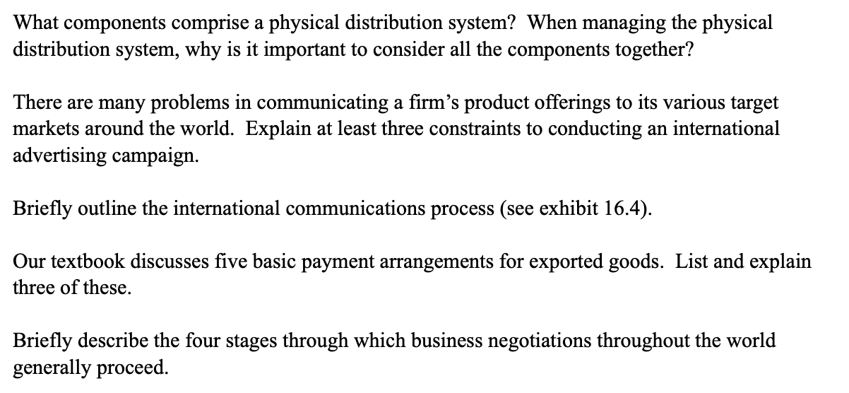 Solved What components comprise a physical distribution | Chegg.com