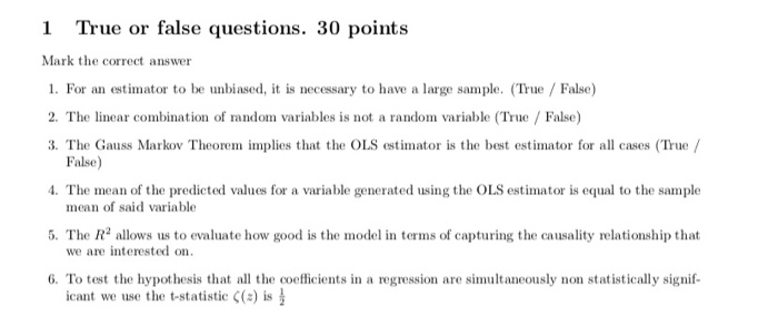 Solved 1 True or false questions. 30 points Mark the correct | Chegg.com
